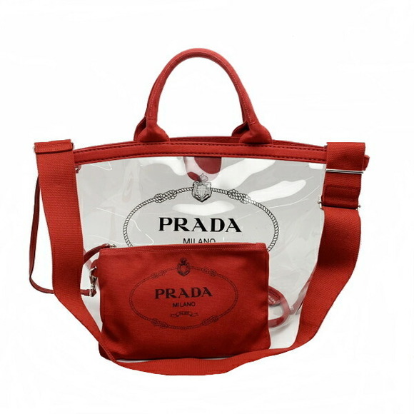 Prada | Bags | Prada Canapa Plex Clear Handbag Vinyl Canvas Red Leather ...